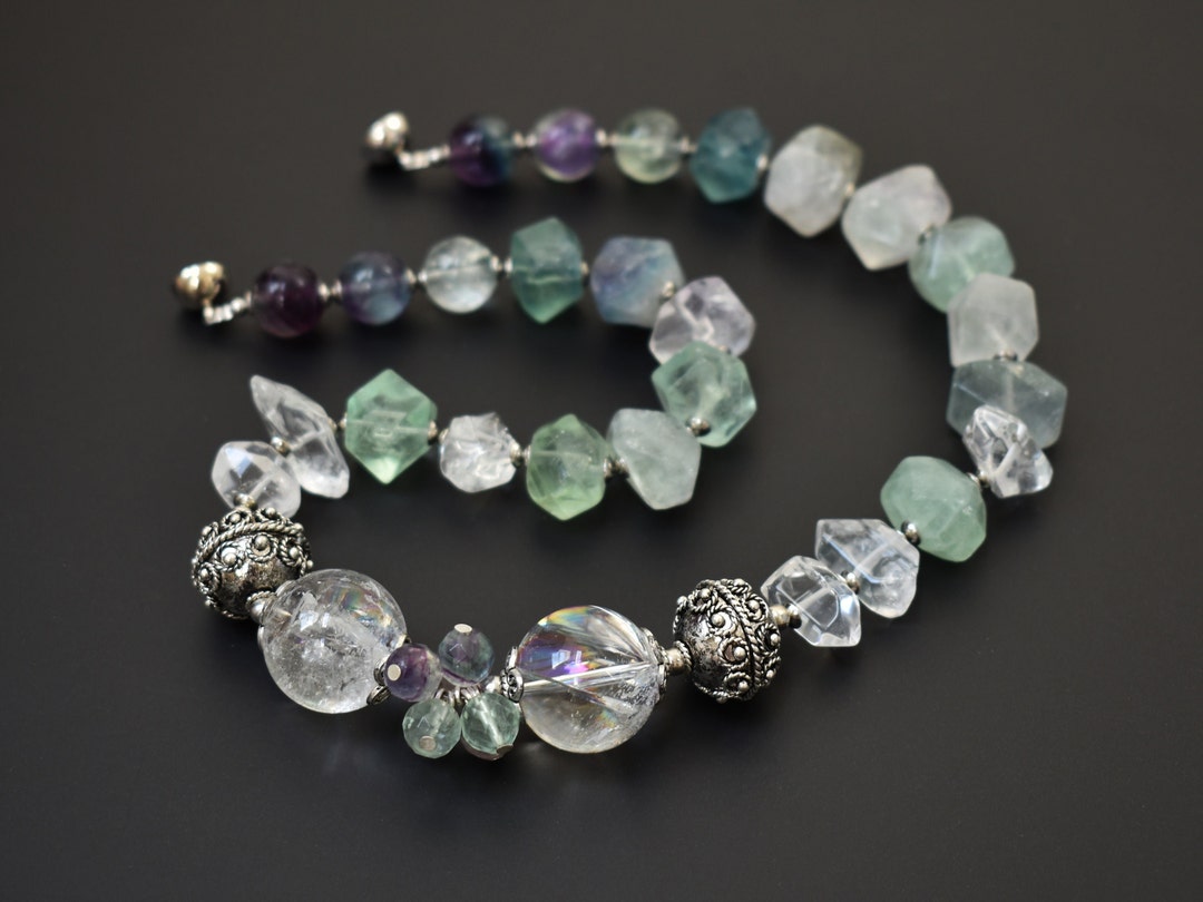 Rainbow Flourite Crystal Necklace, Super Chunky Light Green Gemstone ...