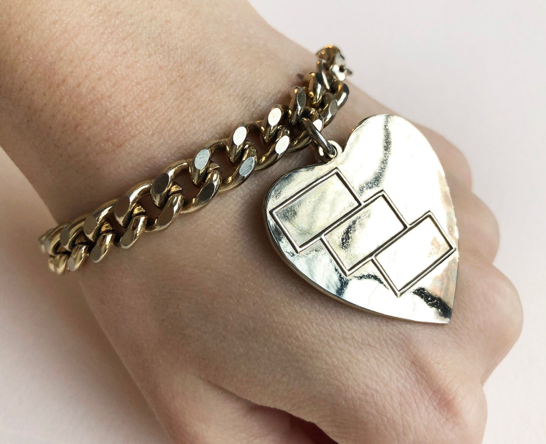 Gold Chunky Cuban Chain Bracelet With Large Heart Charm, Statement Link ...