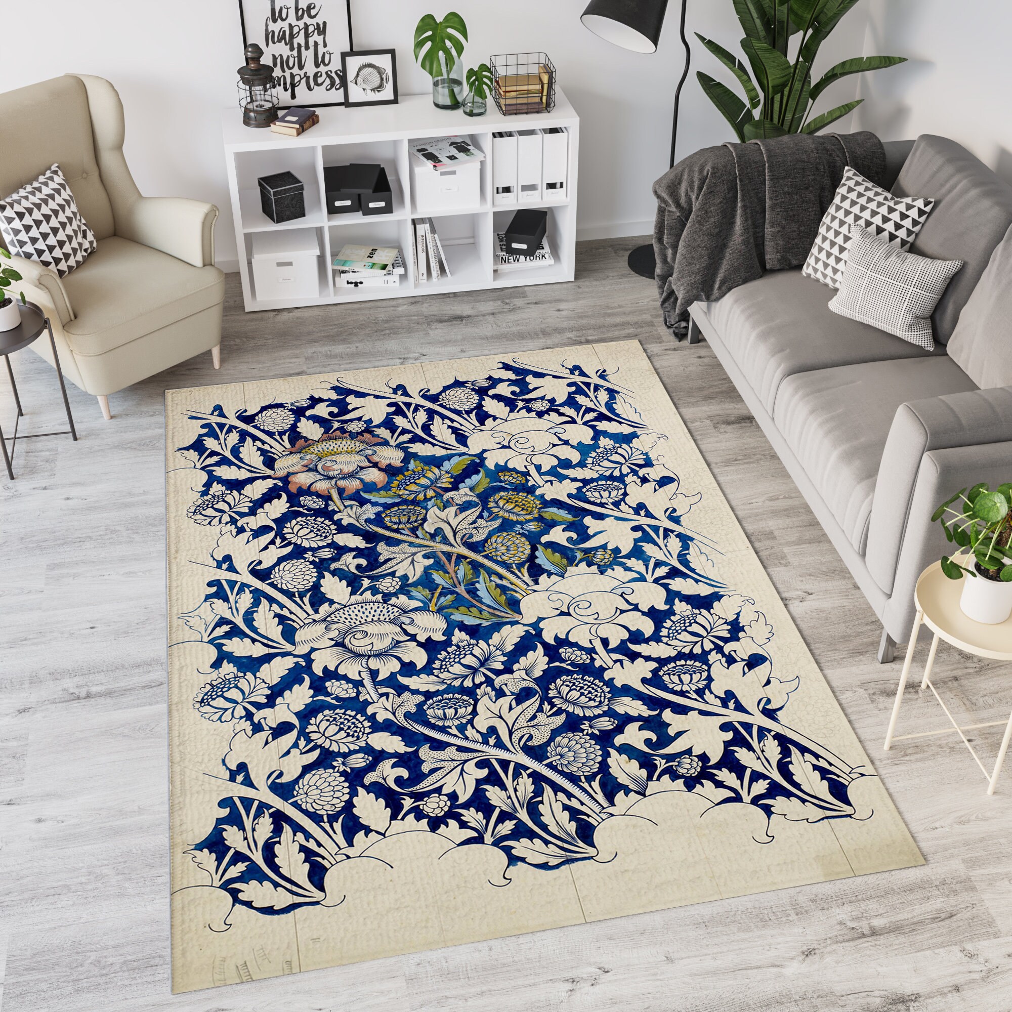 Floral Patten Rug, Blue Flower Pattern Rug, Floral Decor Rug, Floral ...