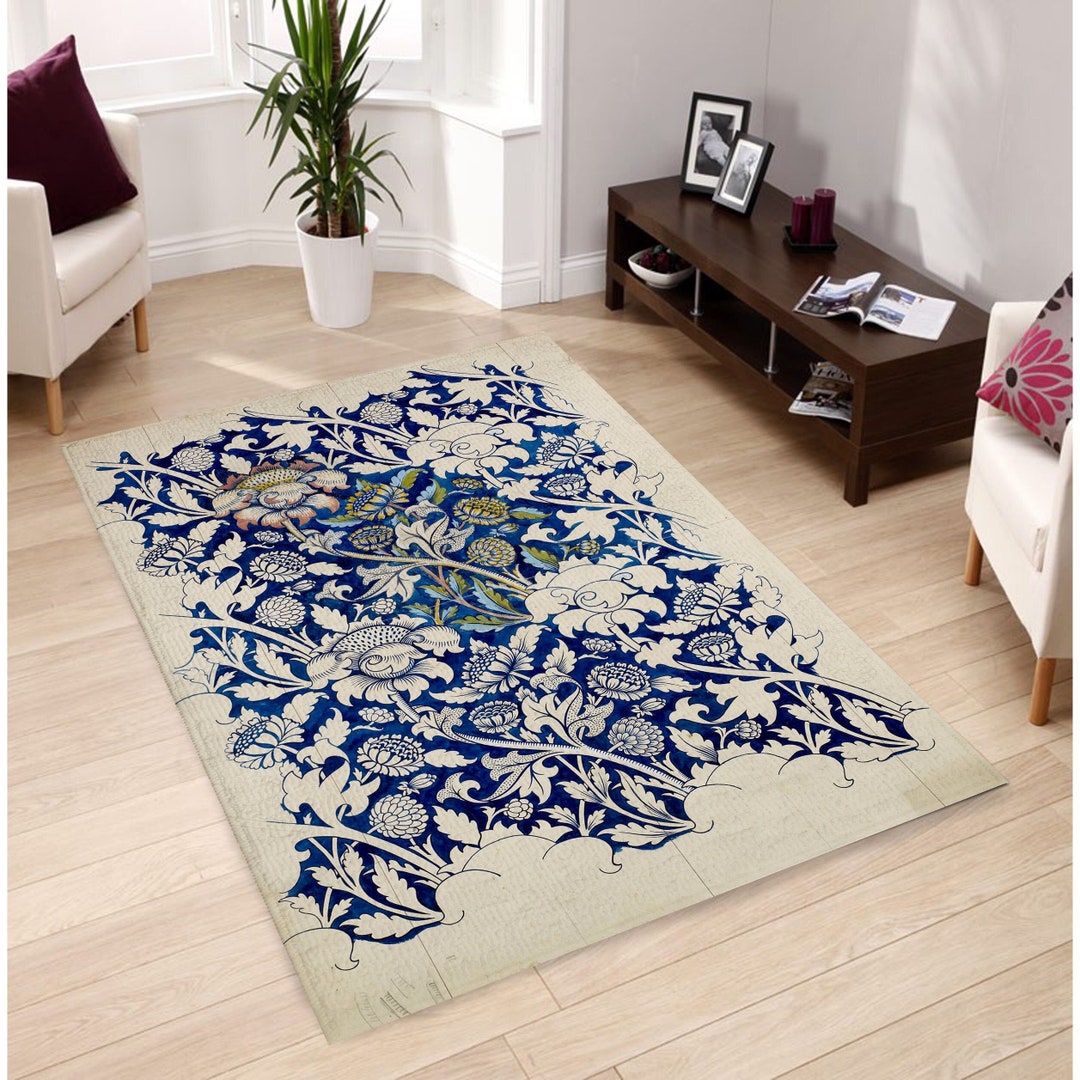 Floral Patten Rug, Blue Flower Pattern Rug, Floral Decor Rug, Floral ...