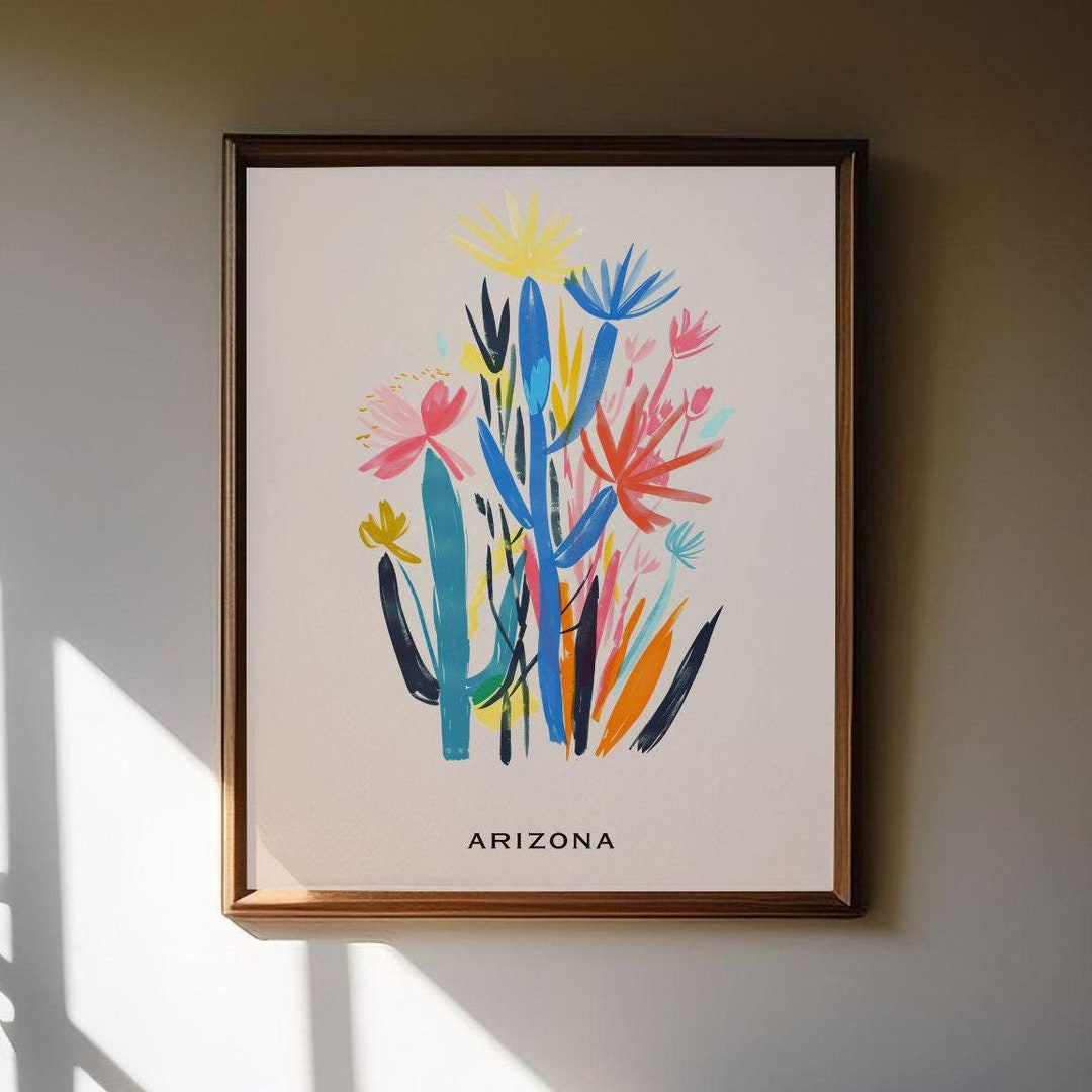 Desert Wildflowers Arizona Artwork, Saguaro Cactus Poster, Colorful ...