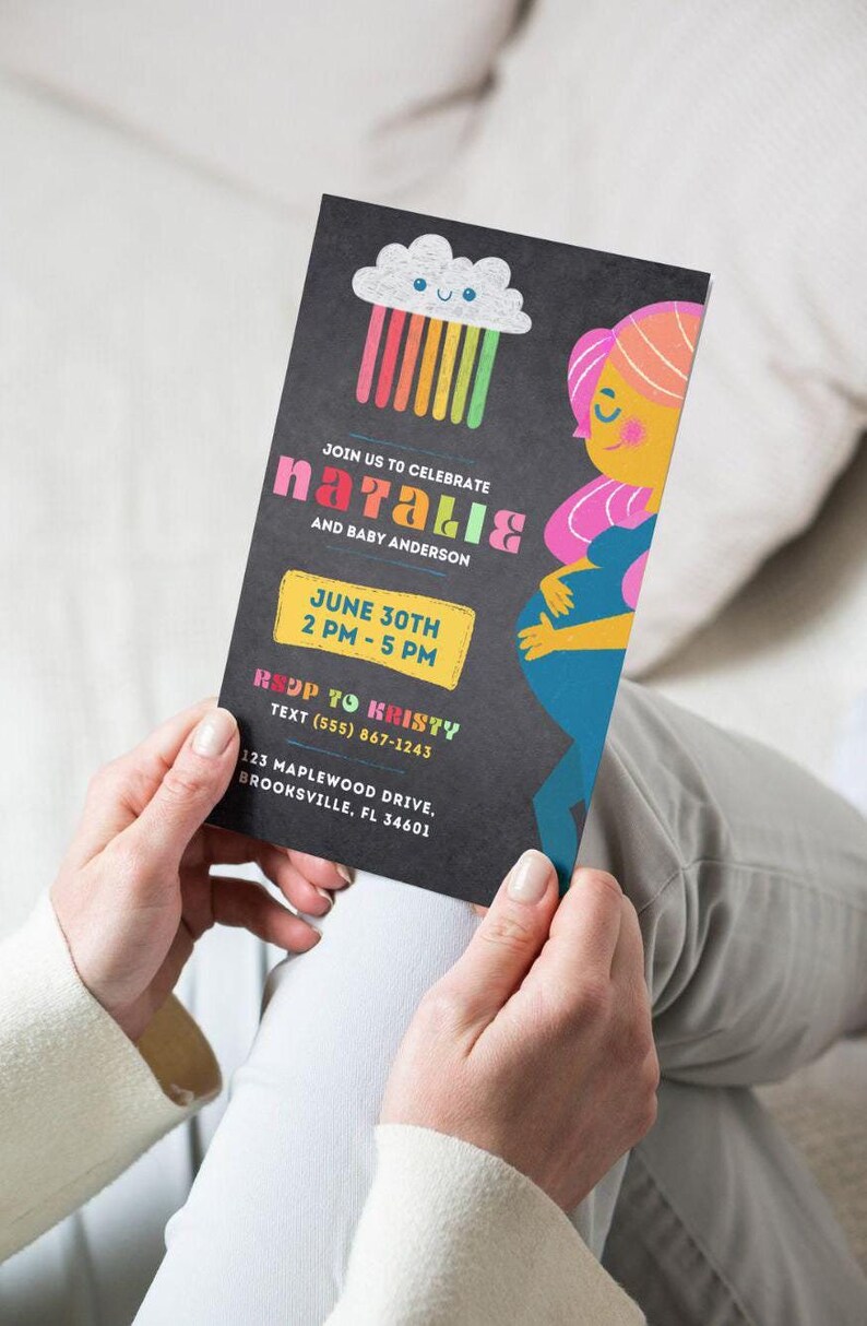 Cloud Rainbow Sprinkle Invitation, Retro Raindrop Baby Invite, Colorful ...