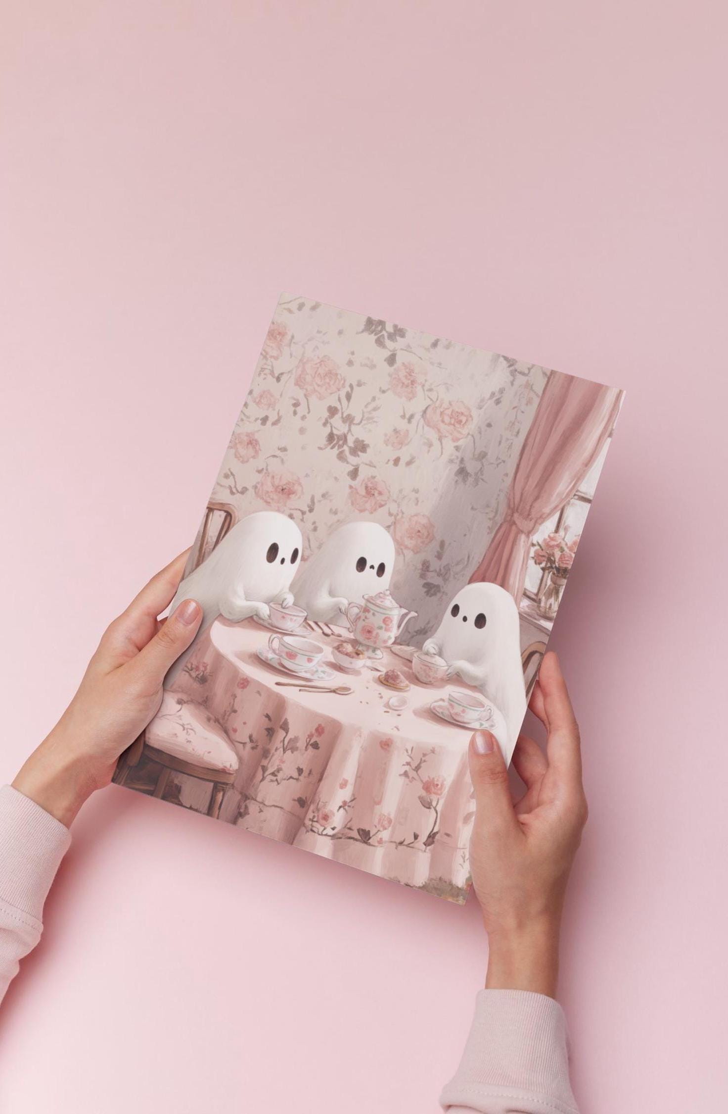 Vintage Tea Party Ghost Art Print, Pink and Black Cute Ghost ...