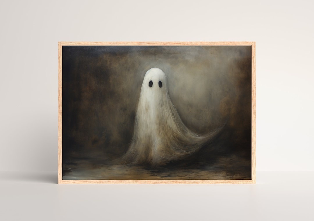 Cute Vintage Ghost Oil Painting, Cottage Halloween Art Poster, Ghost ...