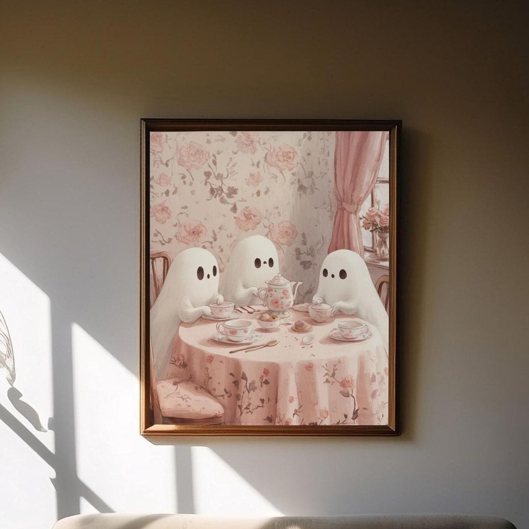 Vintage Tea Party Ghost Art Print, Pink and Black Cute Ghost ...
