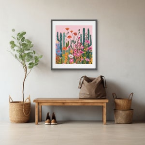 Desert Wildflowers Saguaro Cactus Art Print, Arizona State Flower ...