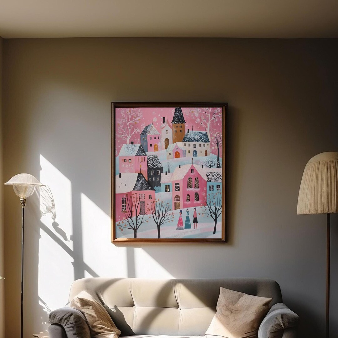 Magical Christmas Village Scene in Pink Pastels, Printable Soft Pink ...