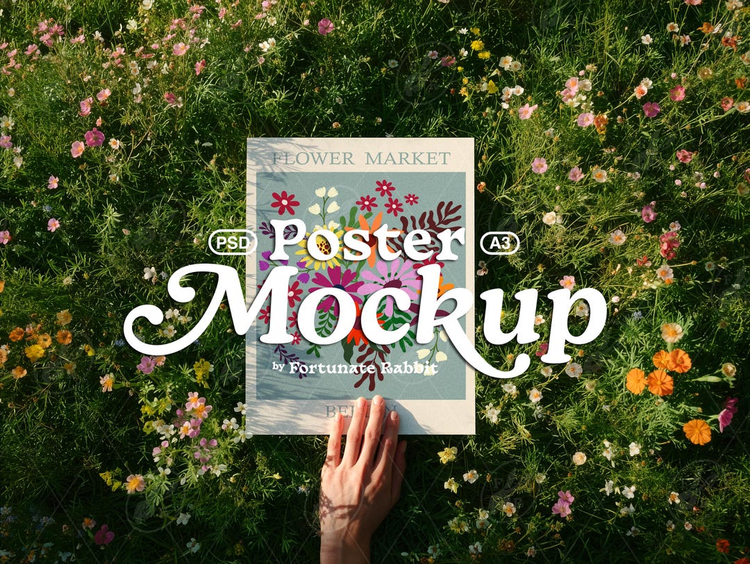 Poster Mockup in Meadow With Hand, A3 A4 Nature Flat Lay, Floral Grass ...