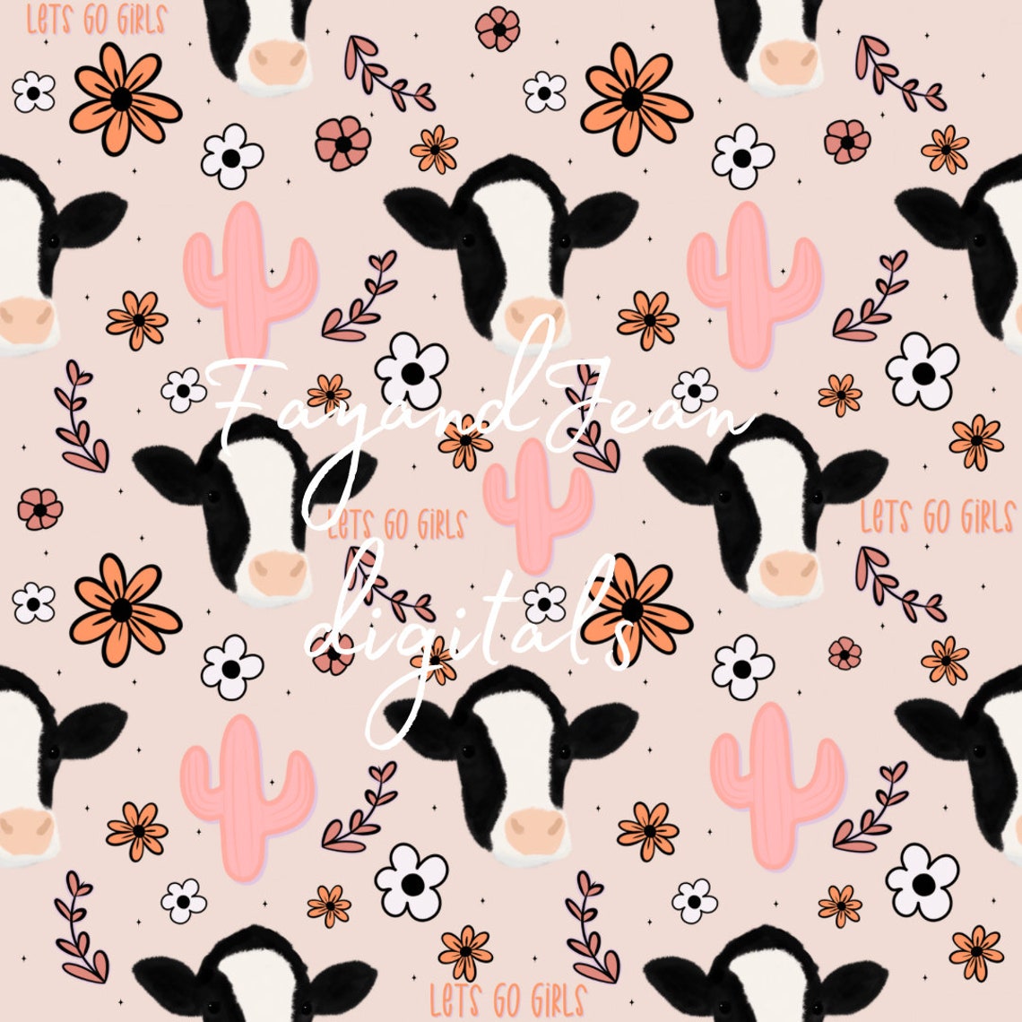 Pink Cow and Cactus Floral Digital Seamless Pattern - Etsy