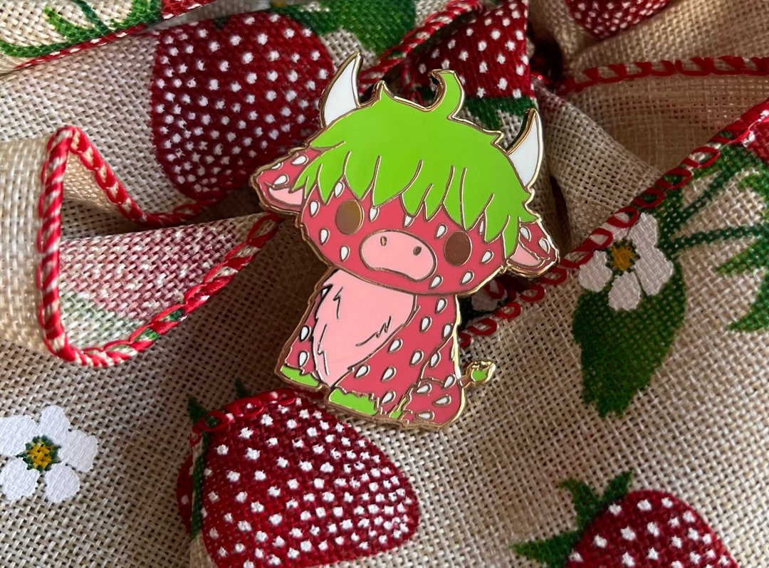 Strawberry Highland Cow Hard Enamel Pins Cow Pins Fluffy, Floofy Cows ...