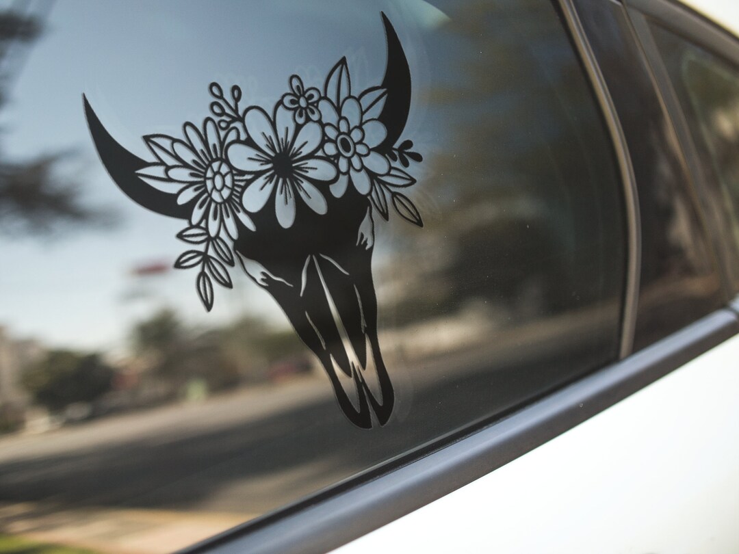 Bull Skull & Flowers Decal - Sticker for Cars, Laptop, Vehicle, Custom ...