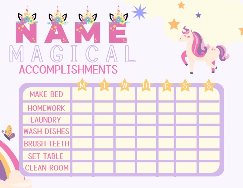 CUSTOMIZABLE Unicorn Accomplishment Chart for Kids, Reward Chart for ...
