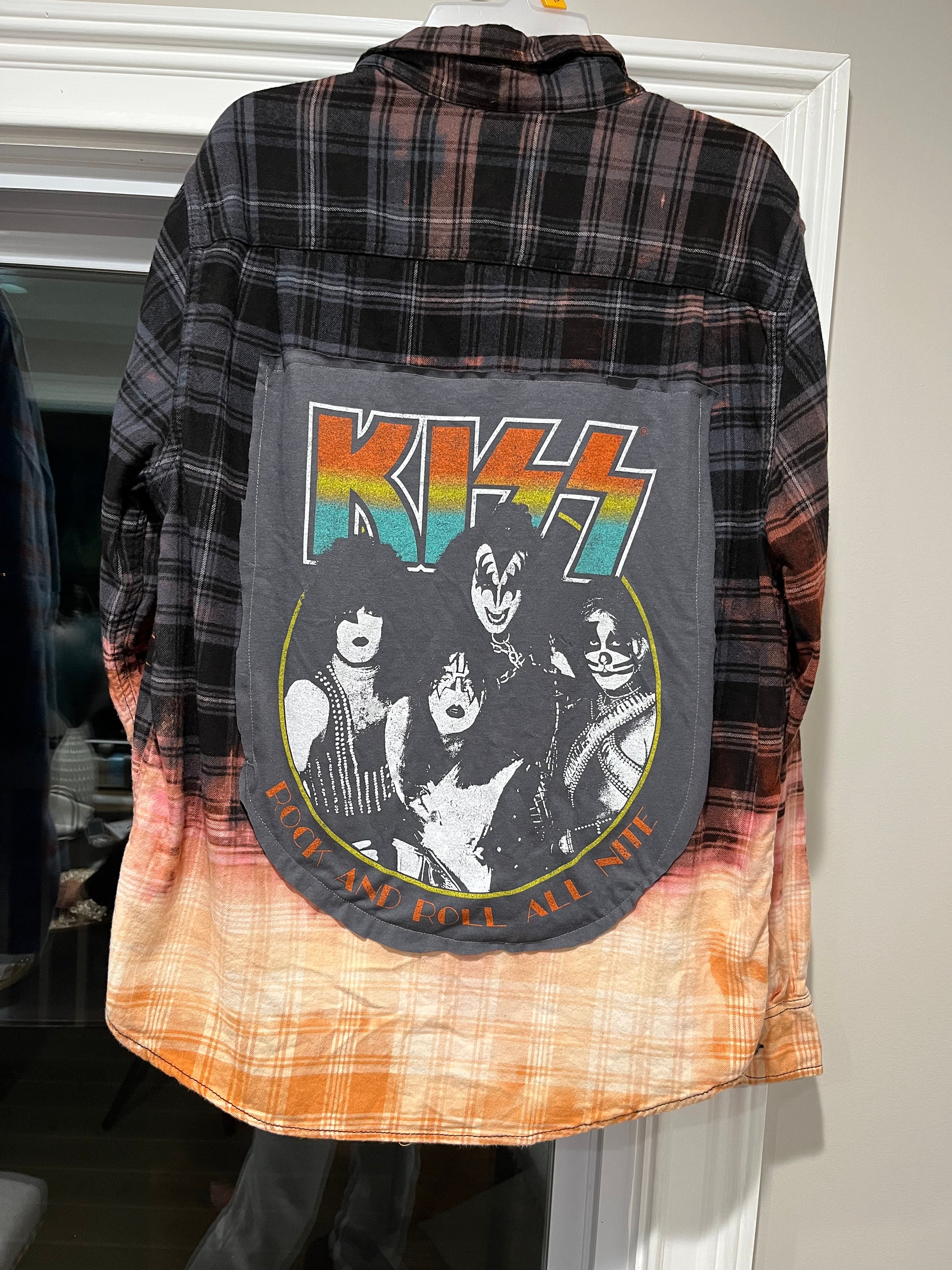 Reworked Flannel T-shirt, Bleached, Kiss Band Tee - Etsy