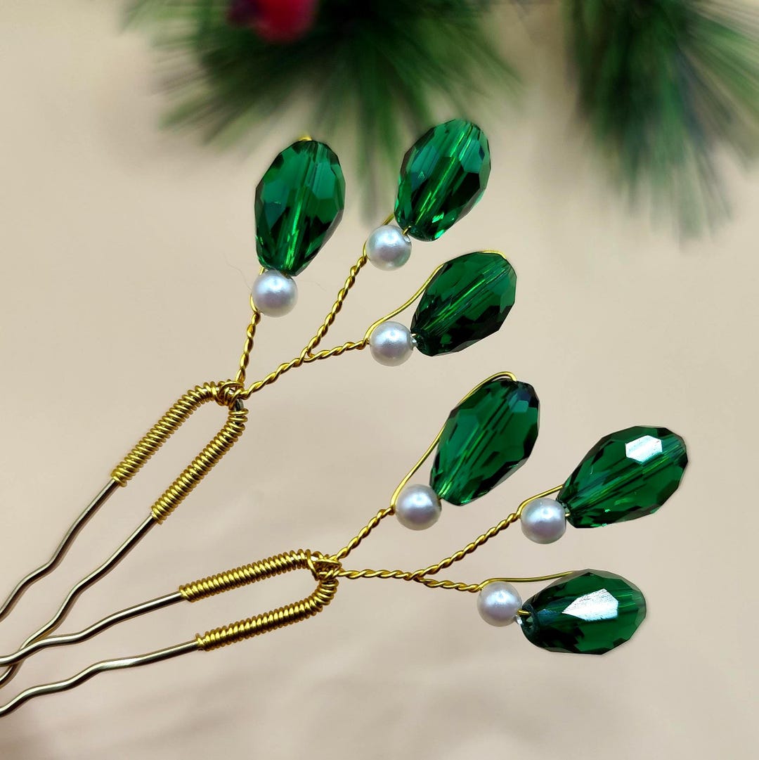 Christmas Hair Pins - Chrystal Red & White Beads With Holly Design(set ...