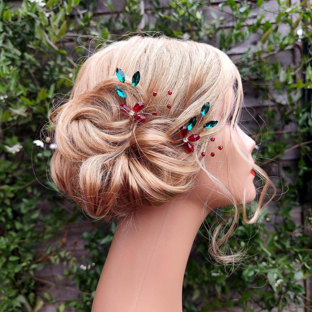 Christmas Hair Pin – Red and Green Crystal Hair Accessories for Brides ...