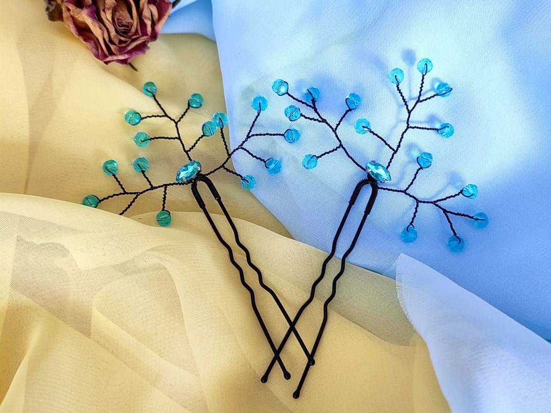 Blues Wedding Hair Pins/blue Crystal Hair Pins/wedding - Etsy