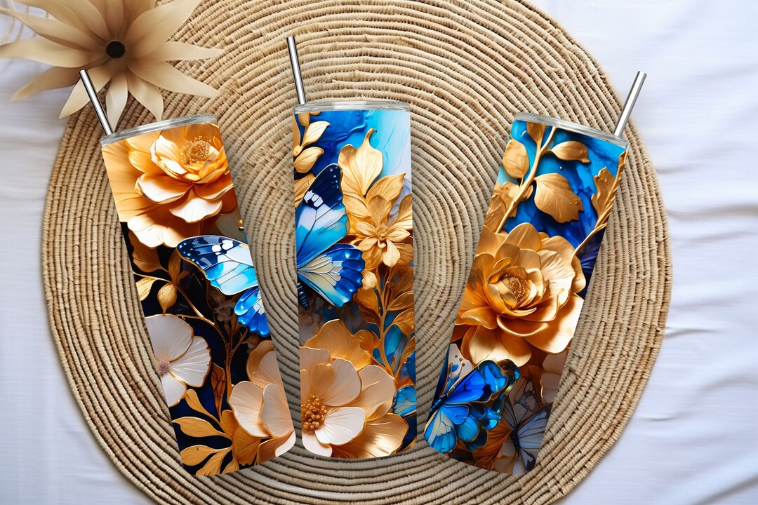 Golden Glowers and Blue Butterflies, PNG, Digital Download, Tumbler ...