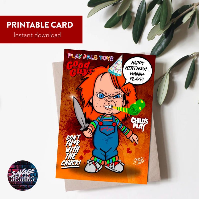 Child’s Play Birthday Card Chucky Horror Cartoon. Printable A5 Size ...