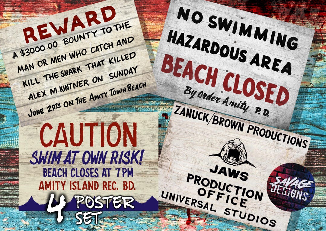 Set of 4 Jaws Posters. Amity Island. Steven Spielberg Quint Brody ...