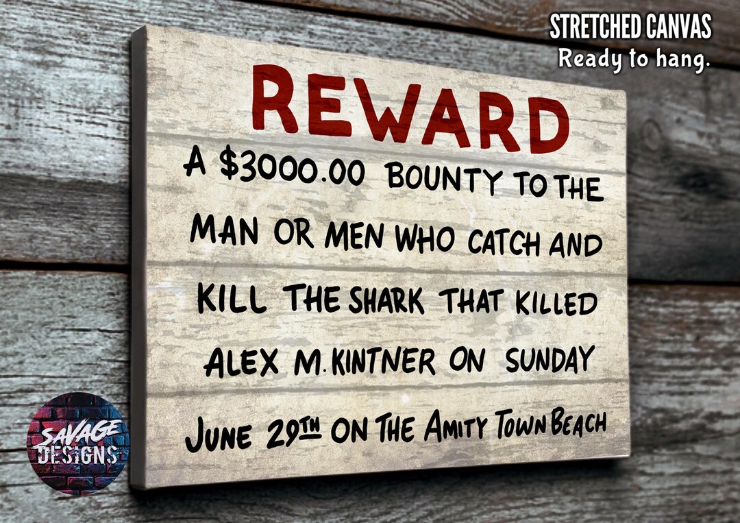 JAWS Alex Kintner Reward Sign Art on Stretched Canvas. Man Cave ...