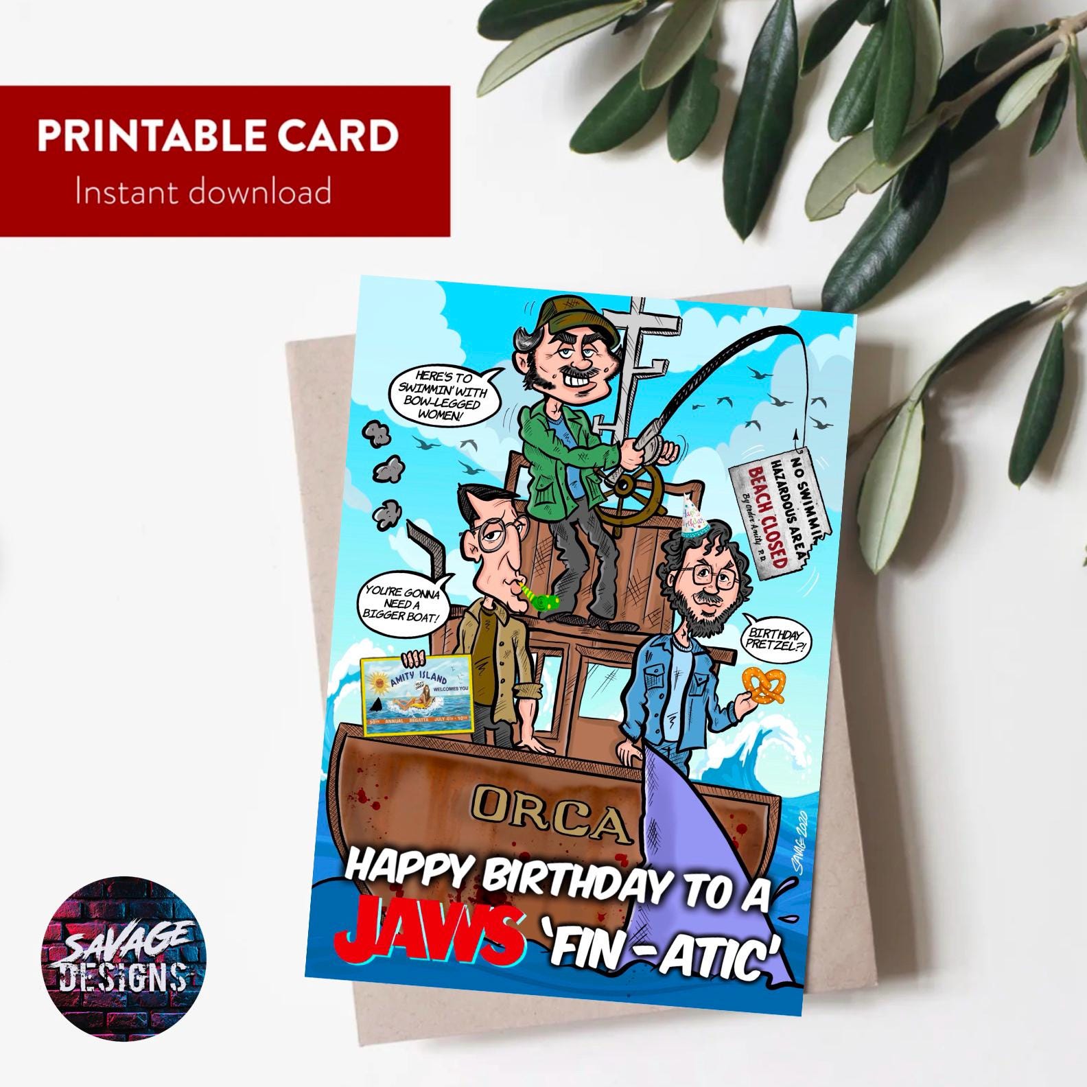 Jaws Cartoon Birthday Card Amity Island Billboard Sign. Quint Brody ...