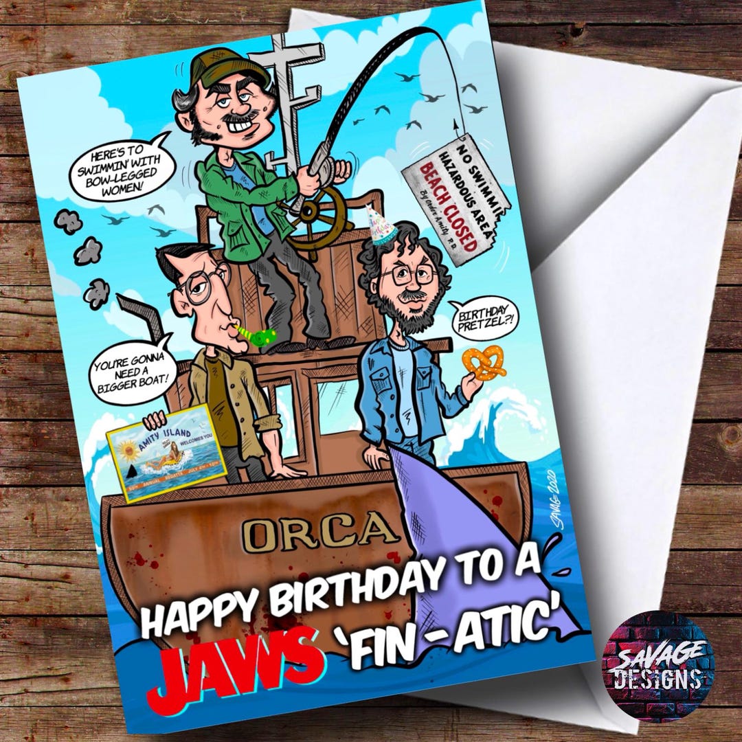Jaws Cartoon Birthday Card Amity Island Billboard Sign. Quint Brody ...