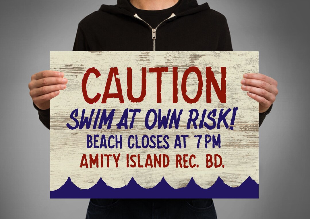 Jaws Caution, Swim at Own Risk Sign. Poster Print. Amity Island. Beach ...