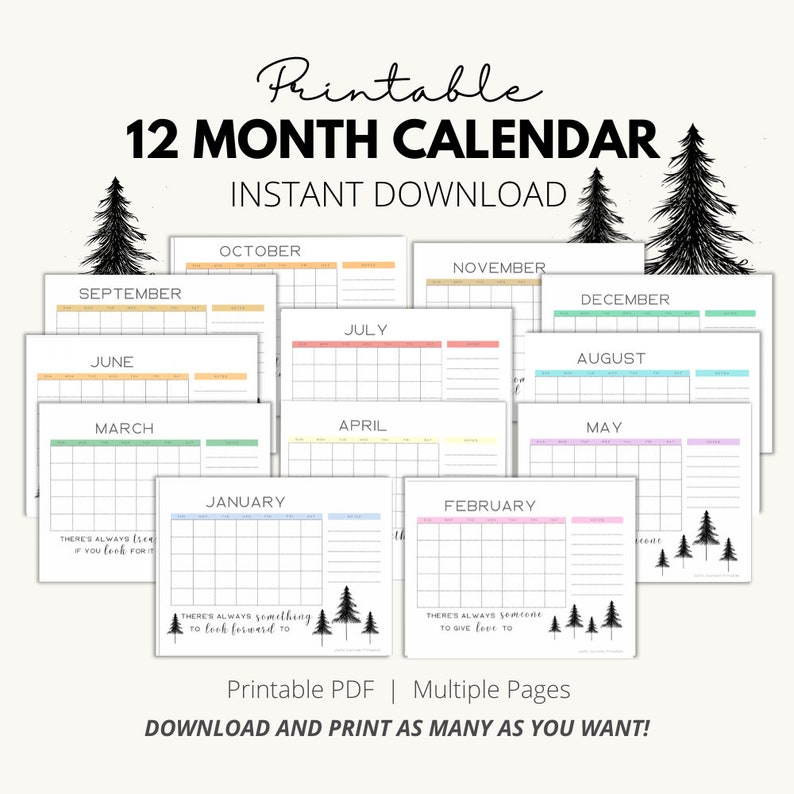 Printable 12 Month Calendar, Undated Calendar Printable, Minimalist ...