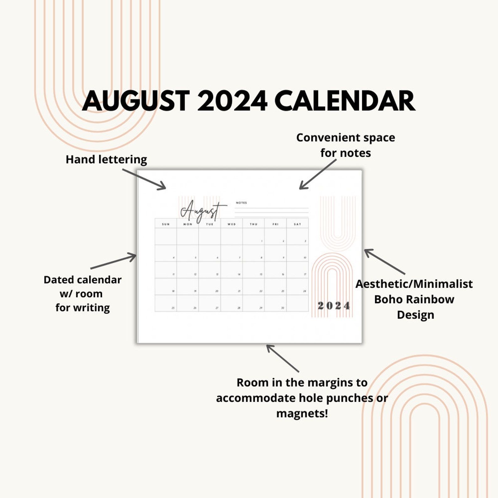 Printable August Calendar 2024, Boho Calendar Printable, Printable ...