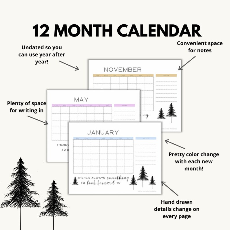 Printable 12 Month Calendar, Undated Calendar Printable, Minimalist ...