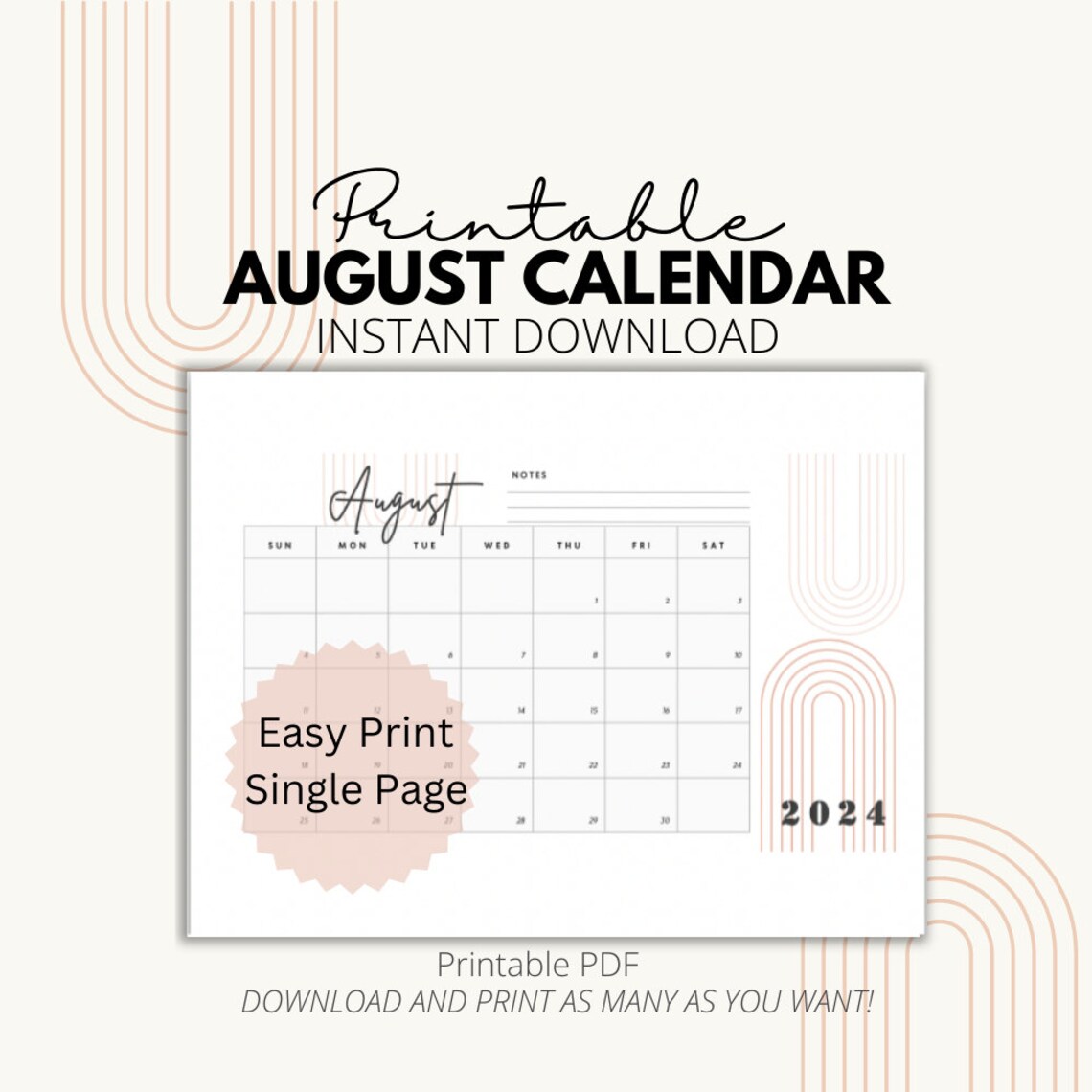 Printable August Calendar 2024, Boho Calendar Printable, Printable ...