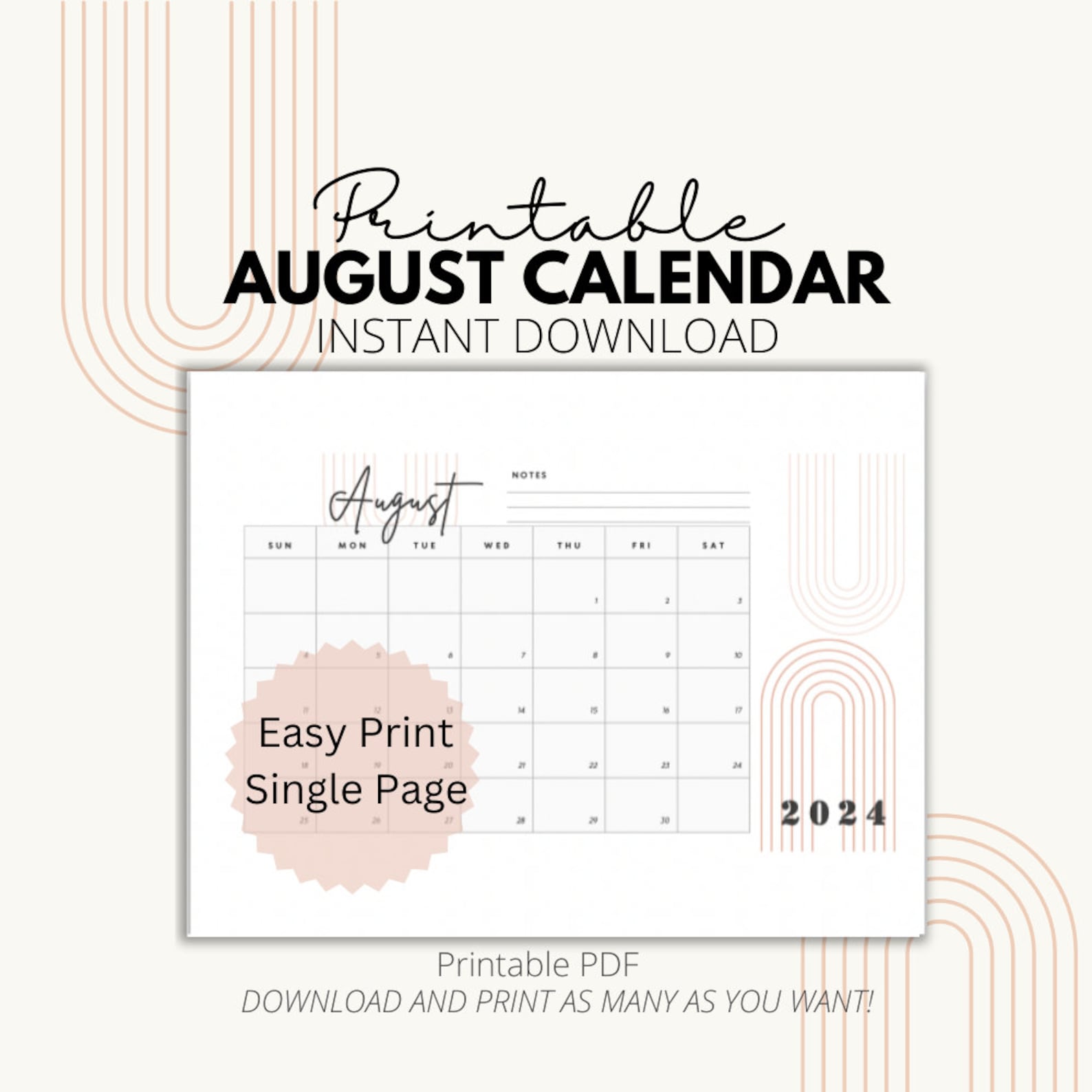 Printable August Calendar 2024, Boho Calendar Printable, Printable ...
