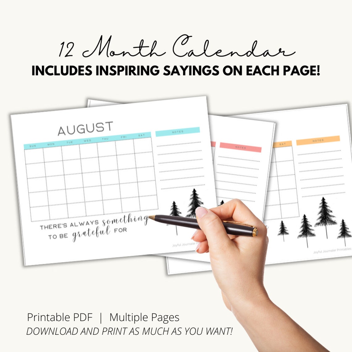 Printable 12 Month Calendar, Undated Calendar Printable, Minimalist ...