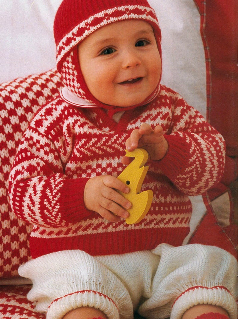Vintage Knitting Pattern Baby Set Baby Pullover, Pants With Straps, Hat ...