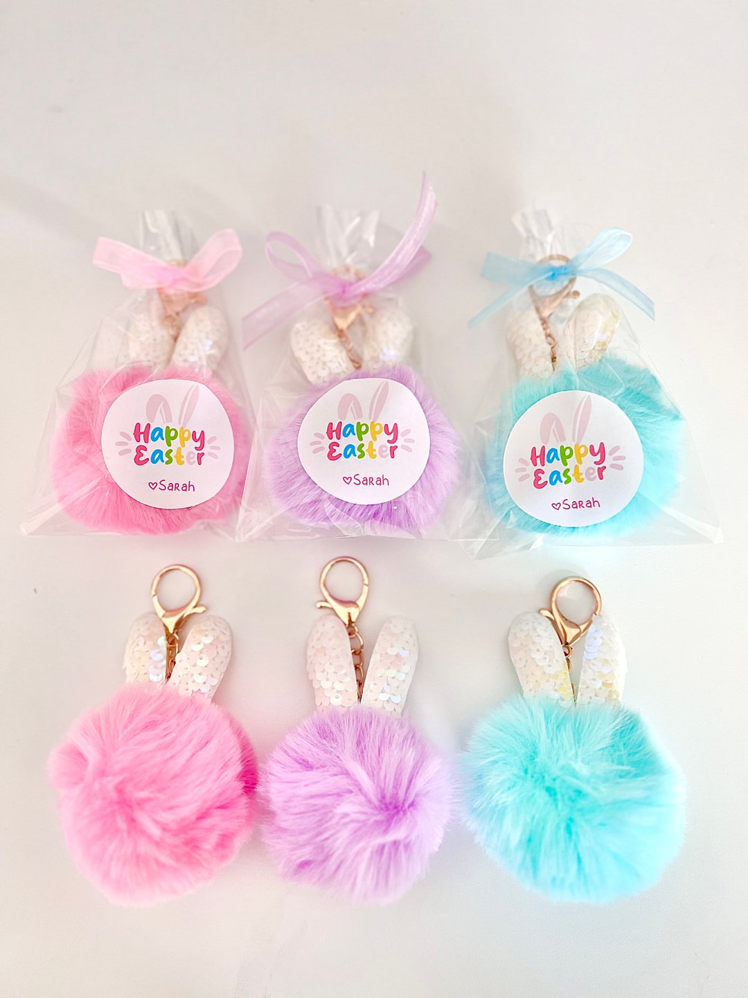 Bunny Puff Keychains, Easter Keychain, Sequin Bunny Keychain, Pom Pom ...