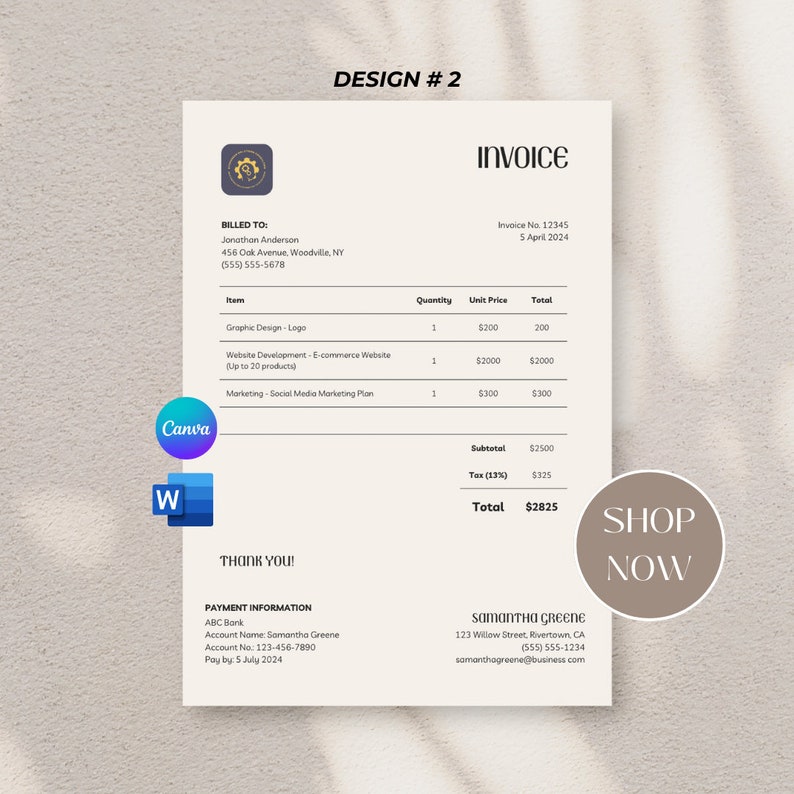 Two Editable Invoice Template Using Canva or Word Doc Minimalist ...