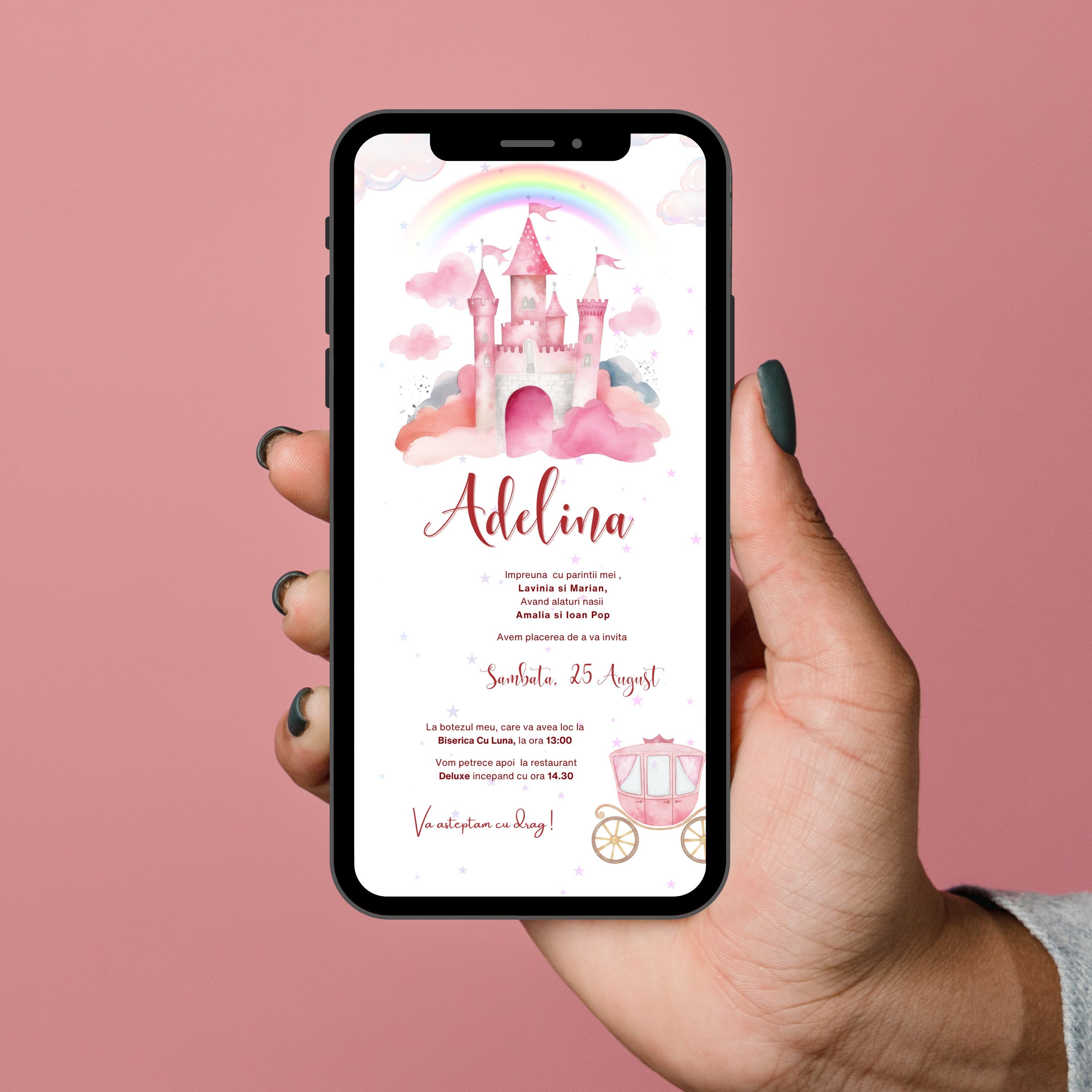 Invitatie Botez Fetite Curcubeu Roz, Invitatie Personalizata Digitala ...