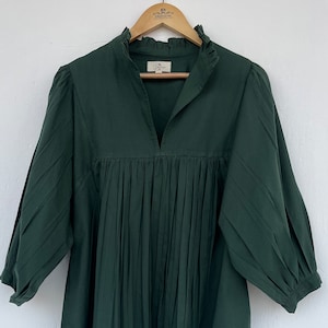 Cotton Solid Green Blouse Frill Neck Long Top Bohemian Blouses Ruffle ...