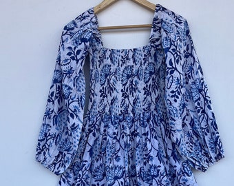 Blue Printed Maxi Hand Block Print Dress Smocked Maxi Dress - Etsy