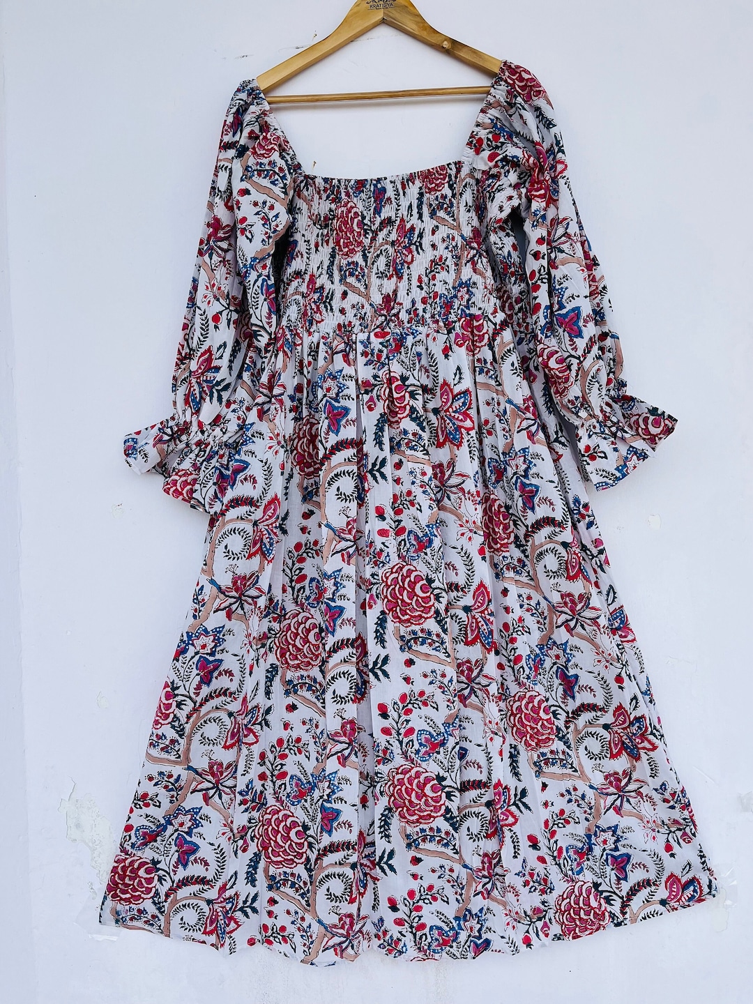 Floral Hand Block Dress, Smocked Long Maxi, Long Sleeves Dress With ...