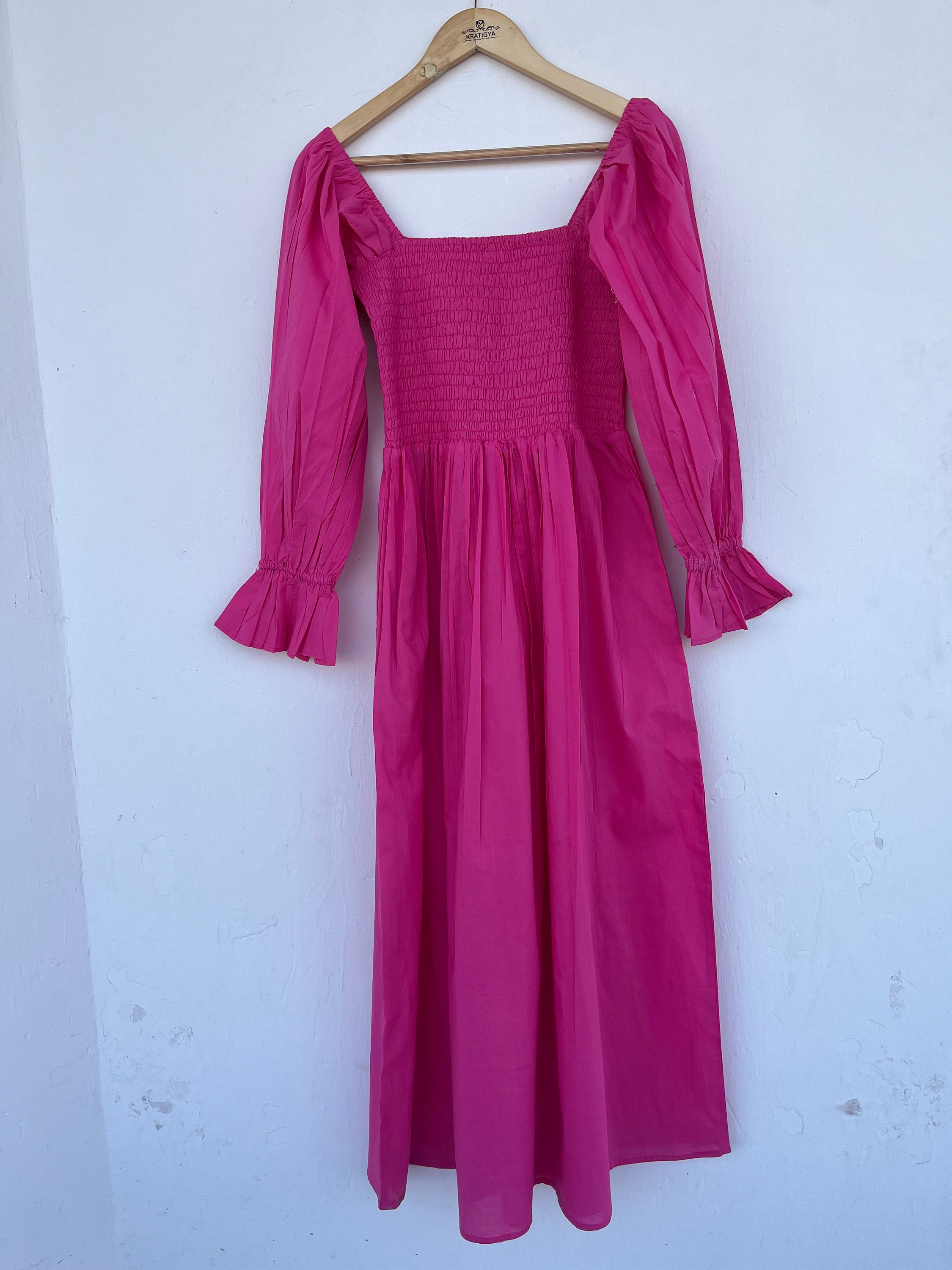 Pink Solid Shirred Dress | Indian Cotton Dresses | Boho Cotton Dress ...