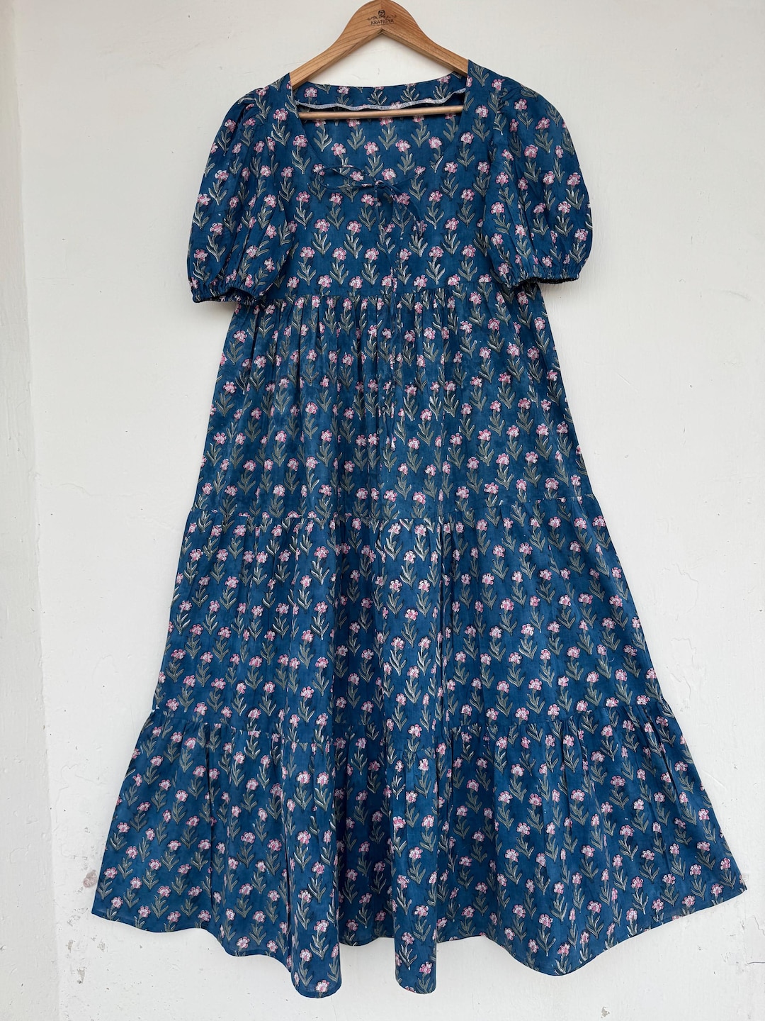 Blue and Pink Booti Flower Printed Long Maxi, 100% Cotton Tier Maxi ...