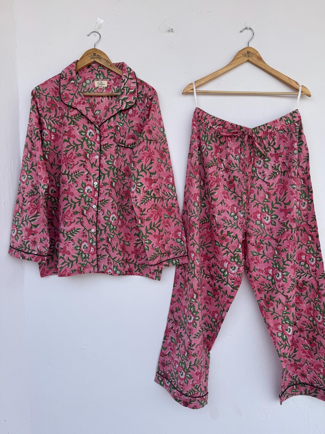 Pink and Green Floral PJ Set, Cotton Set, Block Printed Pajama Set - Etsy