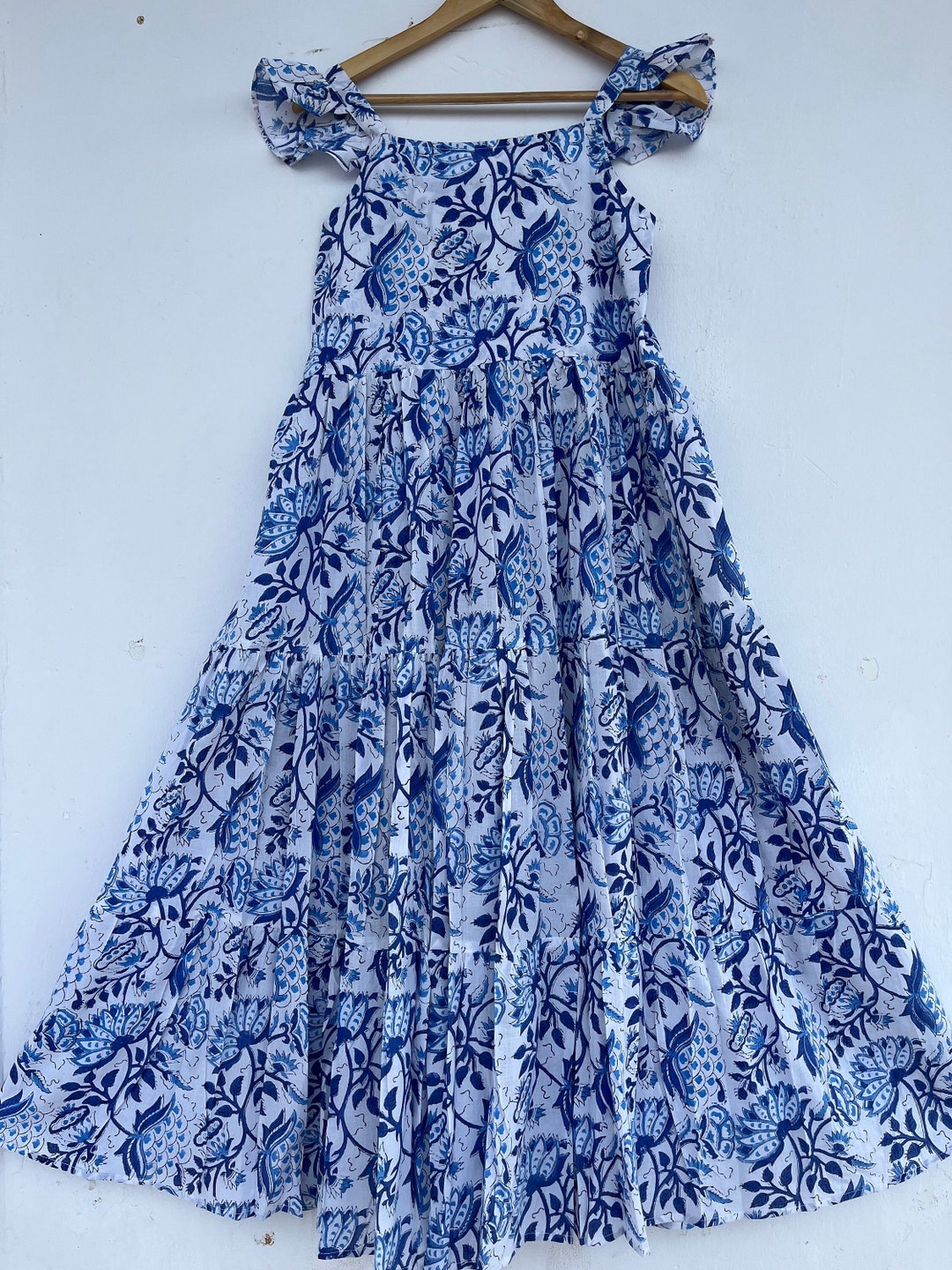 Hand Block Print Maxi Floral Maxi Tier Maxi Dress Blue Block Print ...