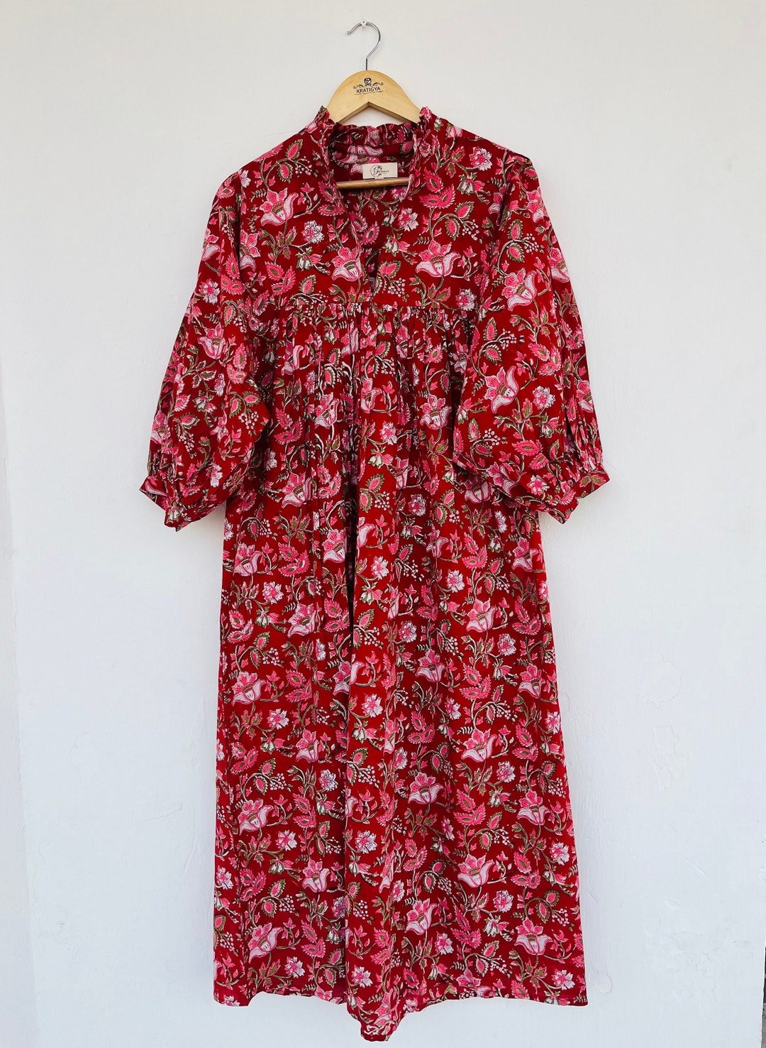 Ruffle Neck Maxi Dress | Cotton Block Print Dress | Boho Dresses | Red ...