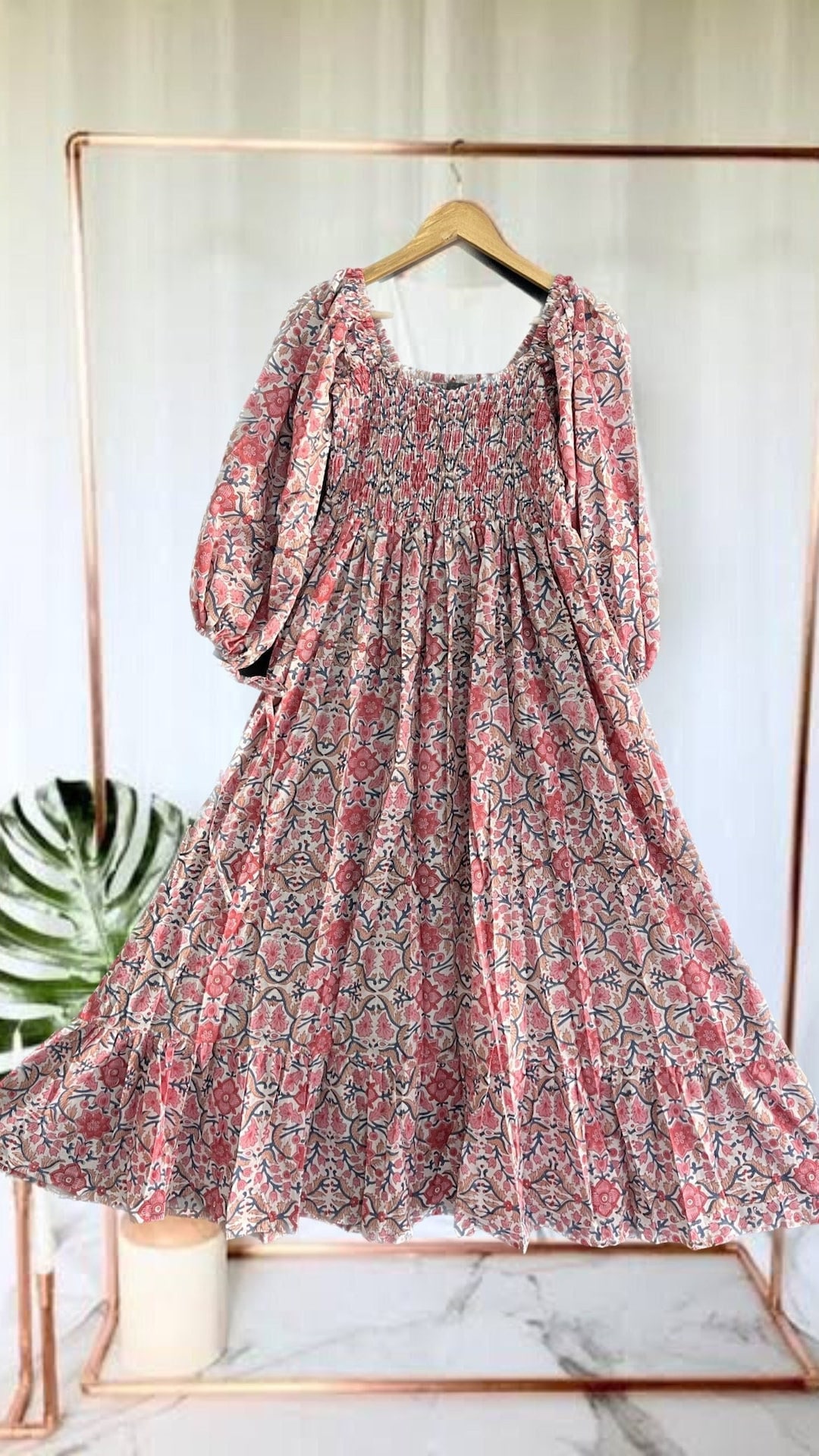 Hand Block Print Dress - Smocked Dress - Pink Print Boho Long Maxi - Etsy