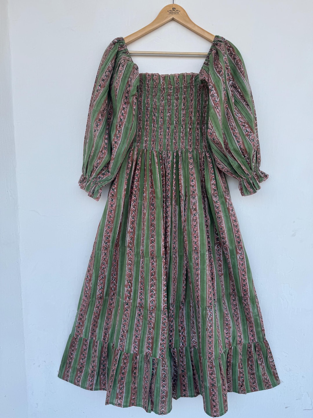 Hand Block Printed Cotton Dress | Smocked Dresses | Bohemian Maxi Dress ...