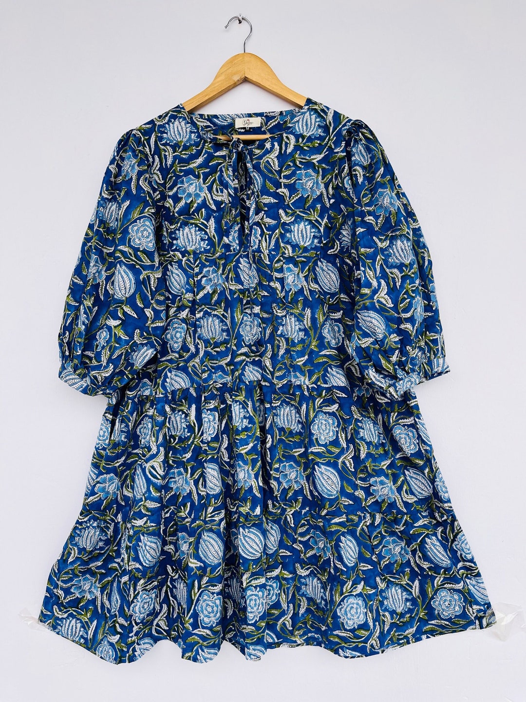 Blue Printed Cotton Midi Dress -hand Block Print Dress - Boho Summer ...