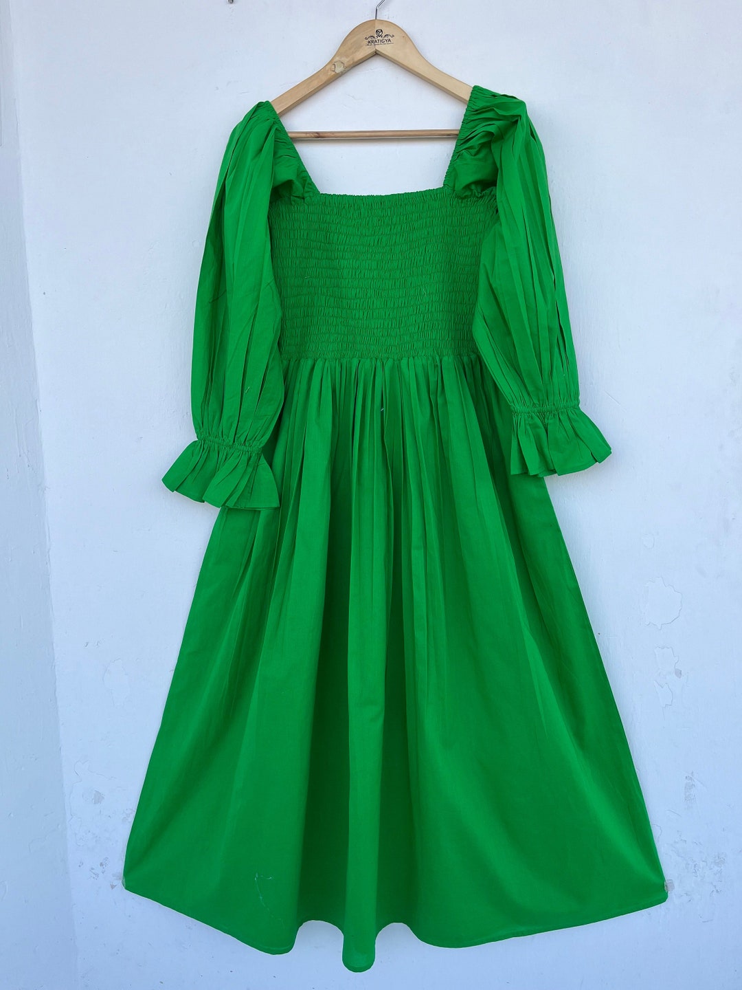 Green Solid Shirred Dress | Indian Cotton Dresses | Boho Cotton Dress ...
