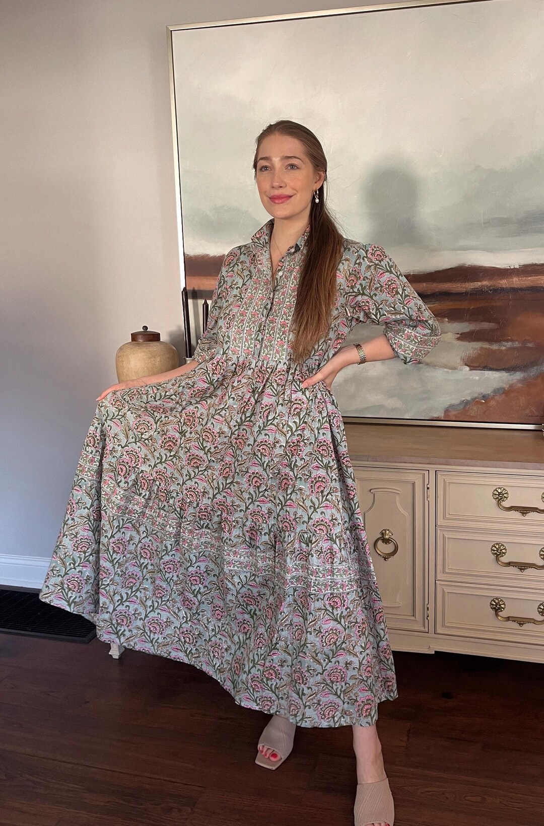 Button-up Open Dress - Hand Block Printed Maxi Dress - Cotton Long Maxi ...